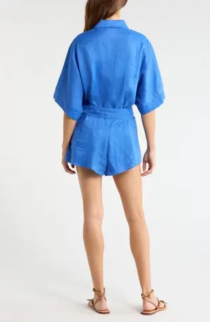 Elan Linen Cover-up Romper - Sapphire Blue