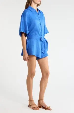 Elan Linen Cover-up Romper - Sapphire Blue