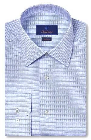 David Donahue Regular Fit Textured Dobby Check Dress Shirt - Sky