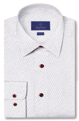 David Donahue Trim Fit Microprint Cotton Herringbone Dress Shirt - Blue/berry