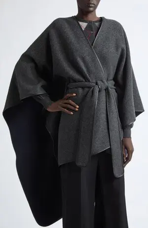 Johnstons Of Elgin Leather Piped Wool & Cashmere Belted Cape - Charcoal/navy