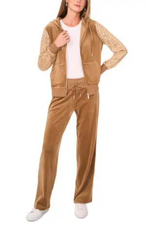 Vince Camuto Sequin Sleeve Zip Hoodie - Camel