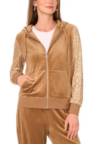 Vince Camuto Sequin Sleeve Zip Hoodie - Camel