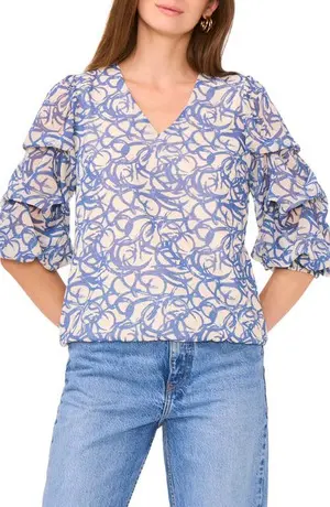 Vince Camuto Print Bubble Sleeve Top - Deep River