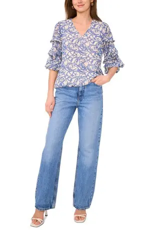 Vince Camuto Print Bubble Sleeve Top - Deep River
