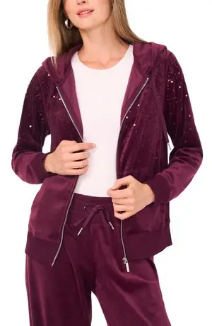 Vince Camuto Sequin Front Zip Hoodie - Plum Noir