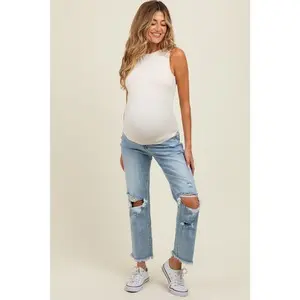 PINKBLUSH Ripped Knee Fringe Hem Straight Leg Maternity Ankle Jeans - Light Blue