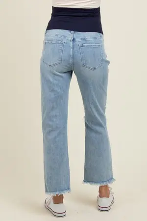 PINKBLUSH Ripped Knee Fringe Hem Straight Leg Maternity Ankle Jeans - Light Blue