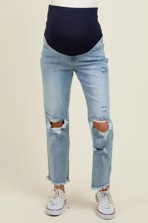 PINKBLUSH Ripped Knee Fringe Hem Straight Leg Maternity Ankle Jeans - Light Blue