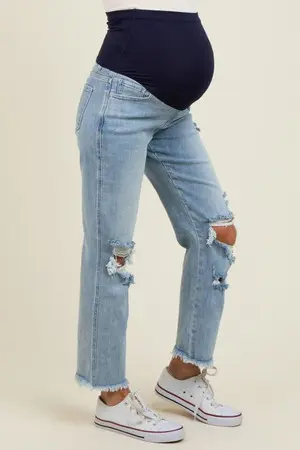 PINKBLUSH Ripped Knee Fringe Hem Straight Leg Maternity Ankle Jeans - Light Blue