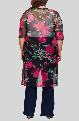 24SEVEN COMFORT APPAREL Floral Print Sheer Open Front Jacket - Black Multi