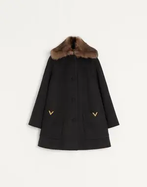 Valentino Garavani Wool Drap Coat With Shearling Collar And V Gold Detailing