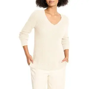 NIC+ZOE Shimmer V-neck Waffle Stitch Sweater - Classic Cream