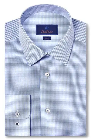 David Donahue Slim Fit Microcheck Cotton Dress Shirt - Blue