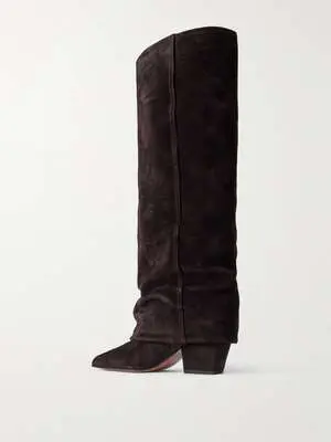 Paris Texas Jane Folded Suede Knee Boots - Dark Brown
