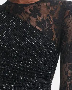 SELF-PORTRAIT Long Dress With Lace Sleeves And Rhinestones - Black