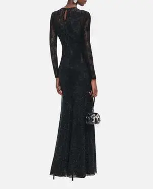 SELF-PORTRAIT Long Dress With Lace Sleeves And Rhinestones - Black