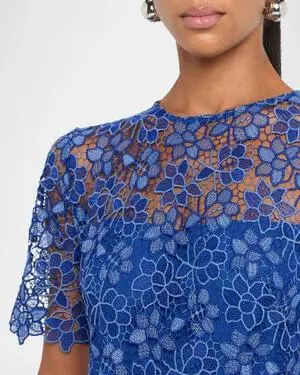 Shoshanna Floral Lace Flounce Mermaid Midi Dress - Navy