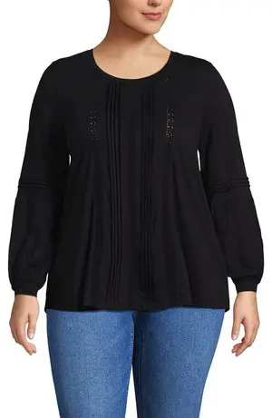LANDS' END Long Sleeve Pintuck Lace Top - Black