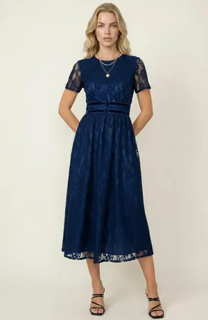 MODENAIRE Lace Midi Dress With Velvet Waistband - Navy