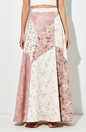 MODENAIRE Modaire Chevron Panel Floral Print Maxi Skirt - Patchwork Floral
