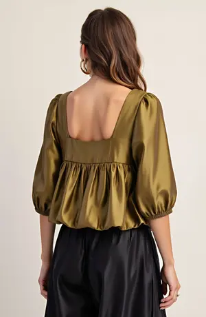 MODENAIRE Gathered Bubble Hem Puff Sleeve Top