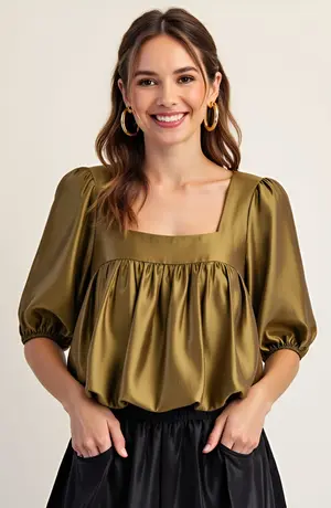 MODENAIRE Gathered Bubble Hem Puff Sleeve Top