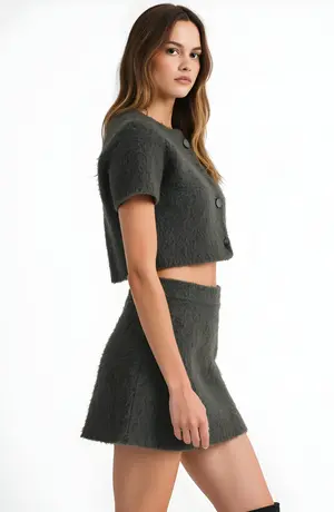 MODENAIRE Fuzzy Knit Crop Top And Mini Skirt Set