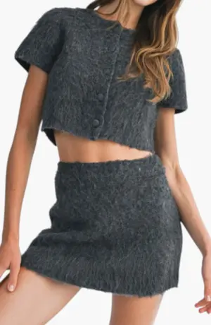 MODENAIRE Fuzzy Knit Crop Top And Mini Skirt Set