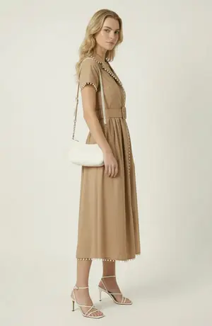 MODENAIRE Short Sleeve Collared Midi Shirt Dress With Pearl Details And Belt