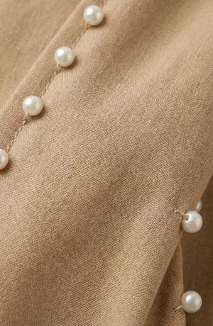 MODENAIRE Short Sleeve Collared Midi Shirt Dress With Pearl Details And Belt
