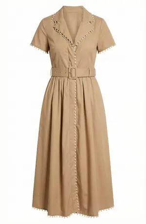 MODENAIRE Short Sleeve Collared Midi Shirt Dress With Pearl Details And Belt