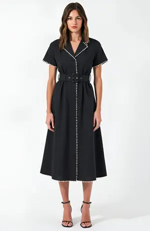 MODENAIRE Short Sleeve Collared Midi Shirt Dress With Pearl Details And Belt