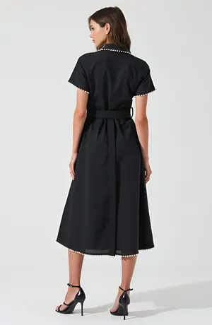 MODENAIRE Short Sleeve Collared Midi Shirt Dress With Pearl Details And Belt