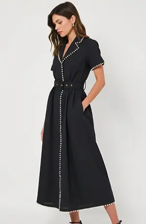 MODENAIRE Short Sleeve Collared Midi Shirt Dress With Pearl Details And Belt