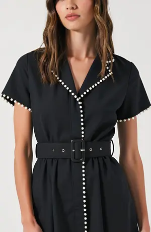 MODENAIRE Short Sleeve Collared Midi Shirt Dress With Pearl Details And Belt