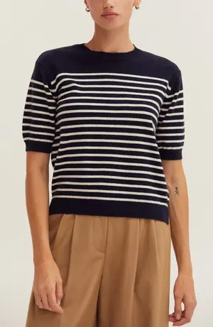 CRESCENT Striped Short Sleeve Sweater Top - Navy/ivory
