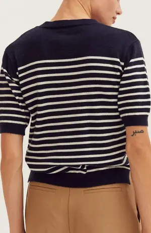 CRESCENT Striped Short Sleeve Sweater Top - Navy/ivory