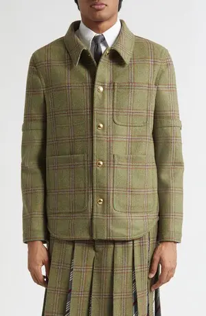 Thom Browne Plaid Wool Utility Shirt Jacket With Armbands