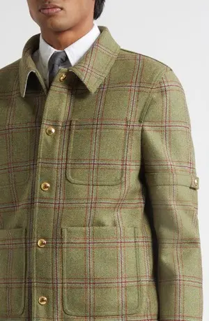 Thom Browne Plaid Wool Utility Shirt Jacket With Armbands