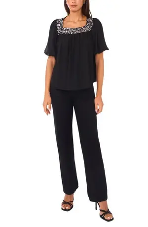 Vince Camuto Sequin Trim Puff Sleeve Top