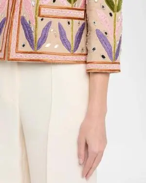 Valentino Garavani Beaded Leaf-embroidered Linen Jacket - Multicolor