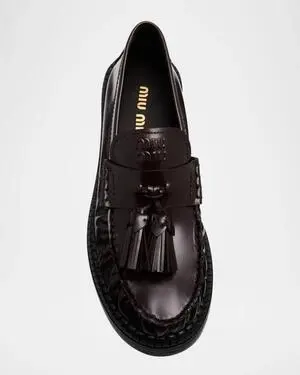 Miu Miu Spazzolato Leather Tassel Loafers - Moro