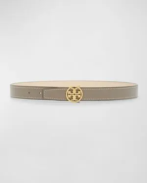 Tory Burch Miller Reversible Leather Belt Gray Heron New Cream Gold