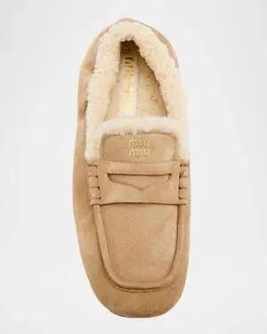 Miu Miu Shearling Lined Suede Loafers - Deserto