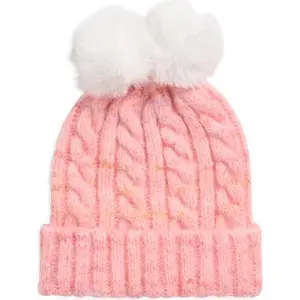 RUBY & RY Braided Beanie With Pompoms - Coral Multi