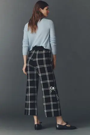 Maeve Colette Embroidered Plaid Wide-leg Pants