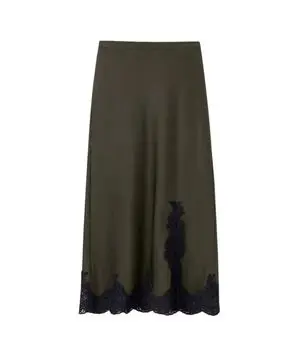Olive Green Satin Lace Maxi Skirt
