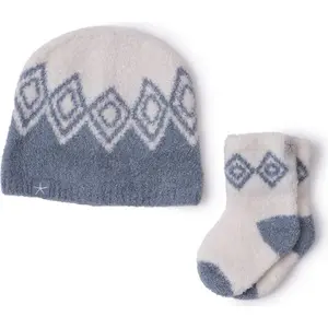 Barefoot Dreams Cozychic Lite Fair Isle Beanie & Socks Set - Blue Dusk-cream