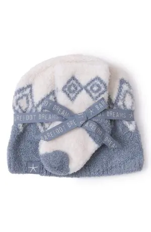 Barefoot Dreams Cozychic Lite Fair Isle Beanie & Socks Set - Blue Dusk-cream
